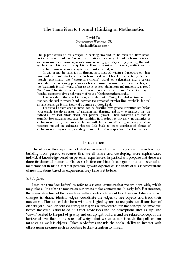 (PDF) The transition to formal thinking in mathematics