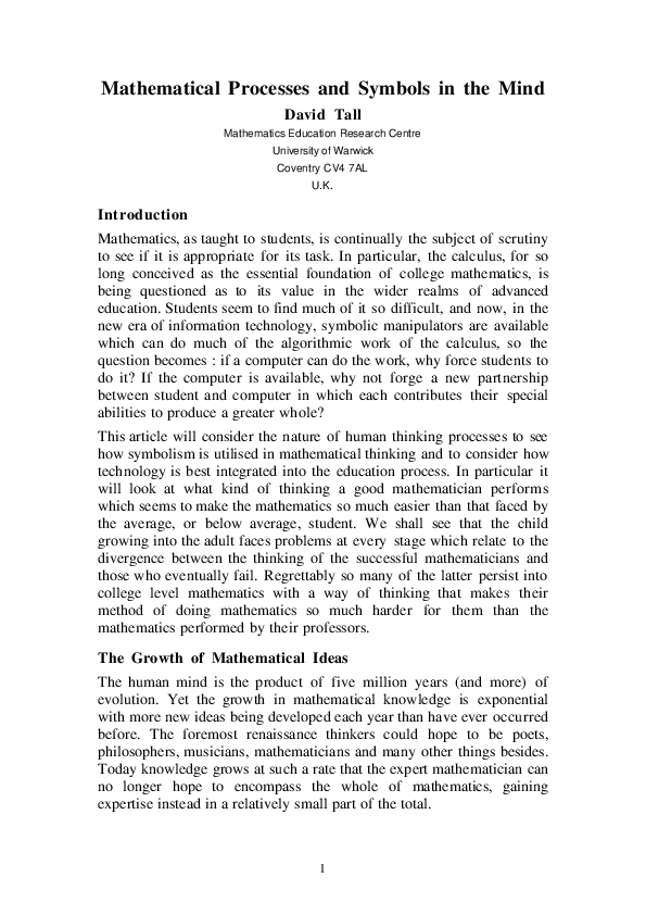 (PDF) Mathematical processes and symbols in the mind