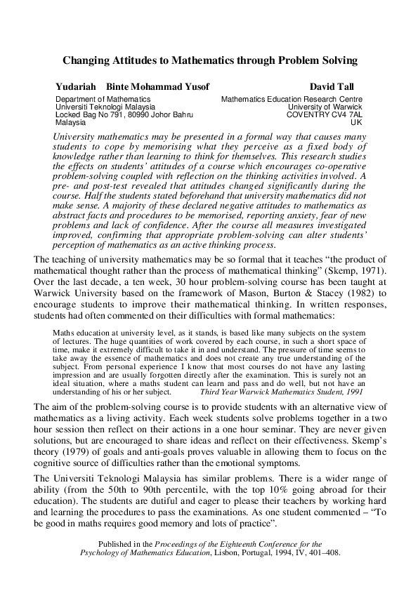 (PDF) Changing Attitudes to Mathematics through Problem Solving