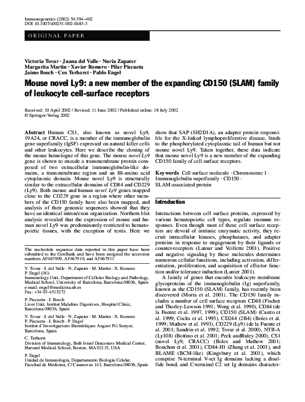 (PDF) Mouse novel Ly9: a new member of the expanding CD150 (SLAM ...