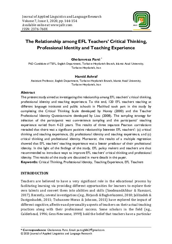 (PDF) The Relationship among EFL Teachers’ Critical Thinking ...