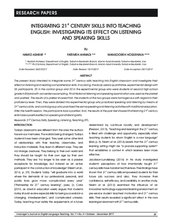 (PDF) INTEGRATING 21st CENTURY SKILLS INTO TEACHING ENGLISH: INVESTIGATING ITS EFFECT ON ...