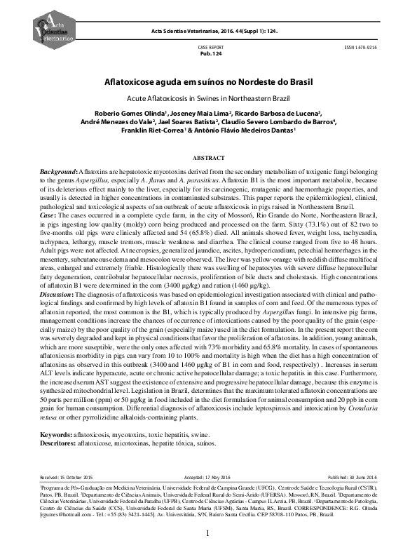 (PDF) Acute Aflatoxicosis in Swines in Northeastern Brazil