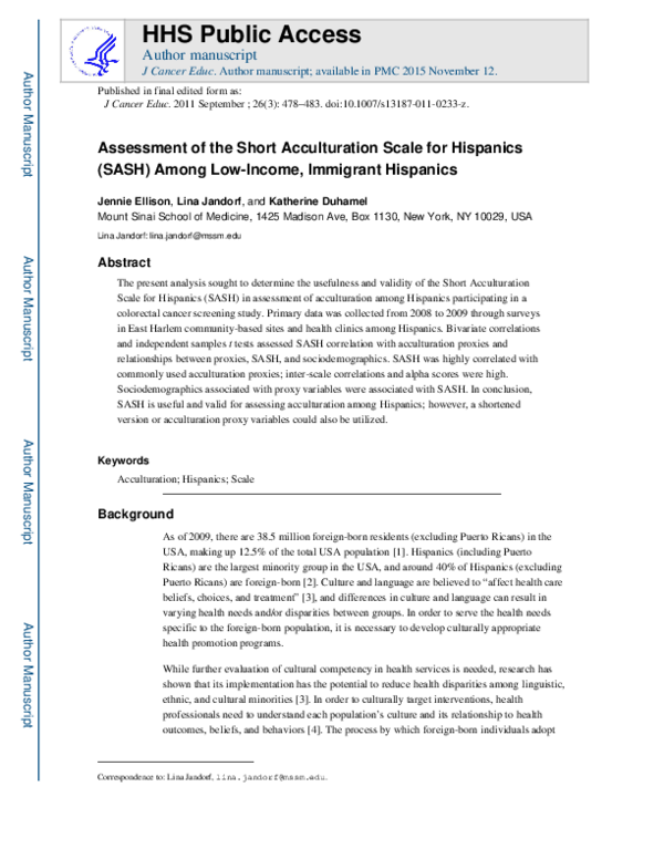 (PDF) Assessment of the Short Acculturation Scale for Hispanics (SASH ...