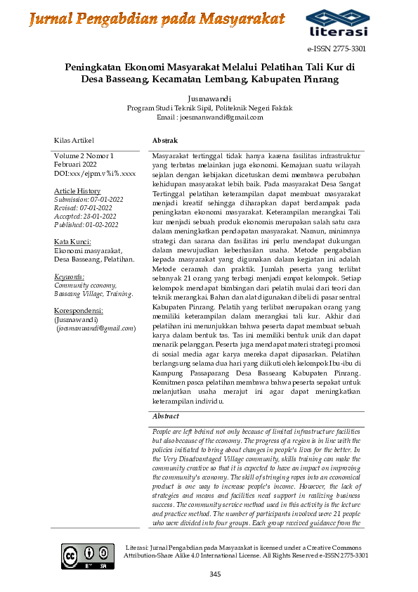 (PDF) Peningkatan Ekonomi Masyarakat Melalui Pelatihan Tali Kur di Desa Basseang, Kecamatan ...