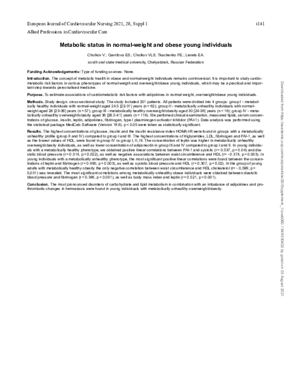 (PDF) Metabolic status in normal-weight and obese young individuals