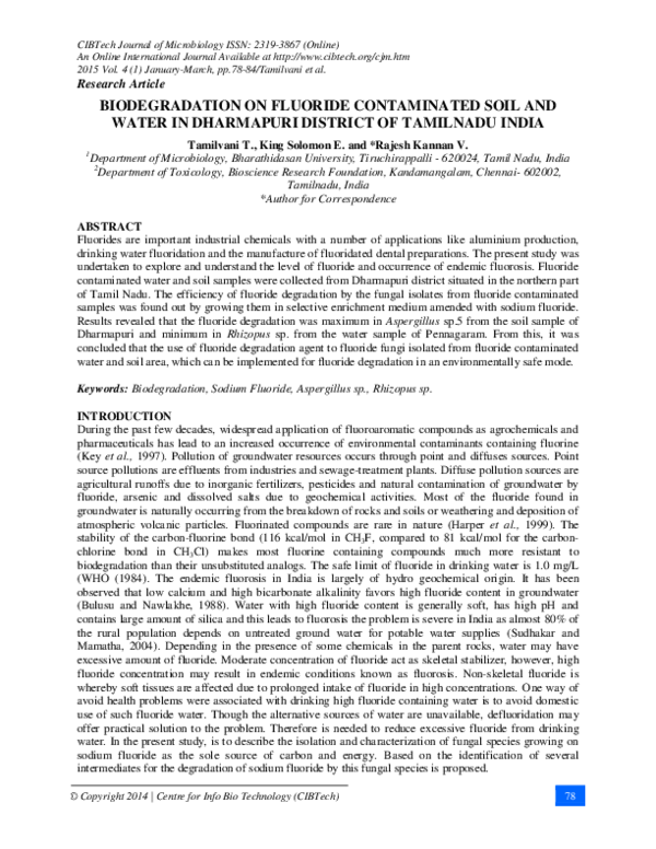 (PDF) Biodegradation on Fluoride Contaminated Soil and Water in Dharmapuri District of Tamilnadu ...