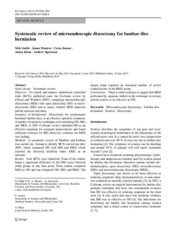 (PDF) Systematic review of microendoscopic discectomy for lumbar disc ...