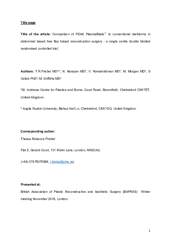 (PDF) Comparison of PEAK PlasmaBlade™ to conventional diathermy in ...
