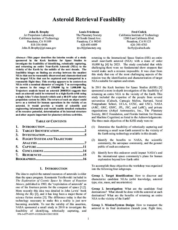 (PDF) Asteroid retrieval feasibility | Fre Culick - Academia.edu