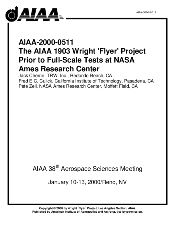 (PDF) The AIAA 1903 Wright 'Flyer' Project prior to full-scale tests at ...