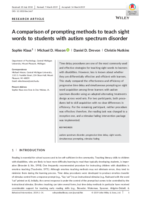 (PDF) A comparison of prompting methods to teach sight words to ...