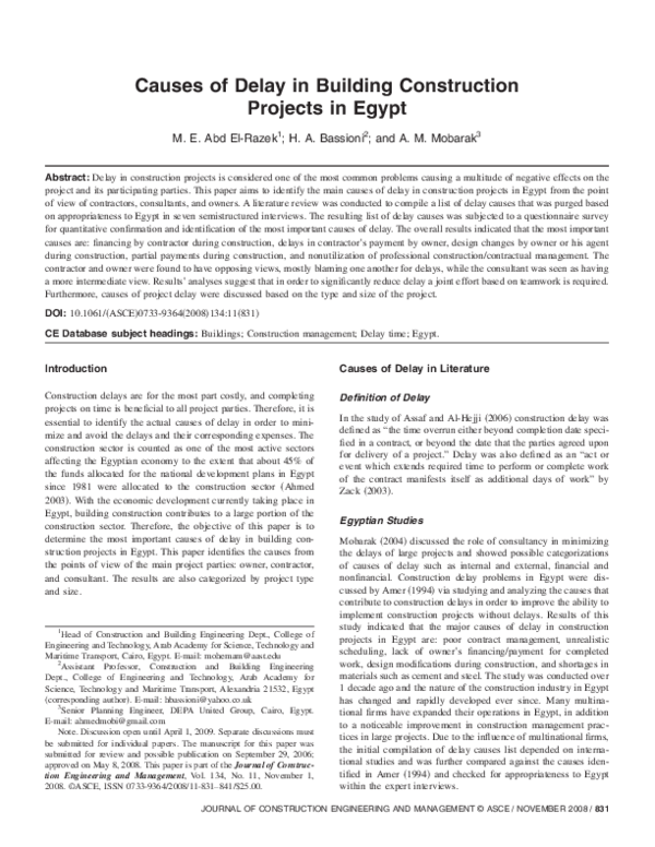 (PDF) Causes of Delay in Building Construction Projects in Egypt