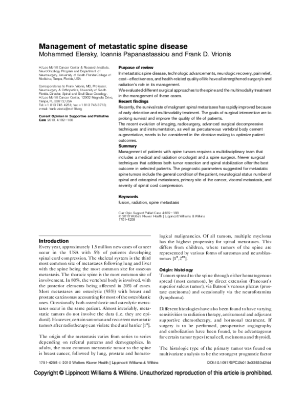 (PDF) Management of metastatic spine disease