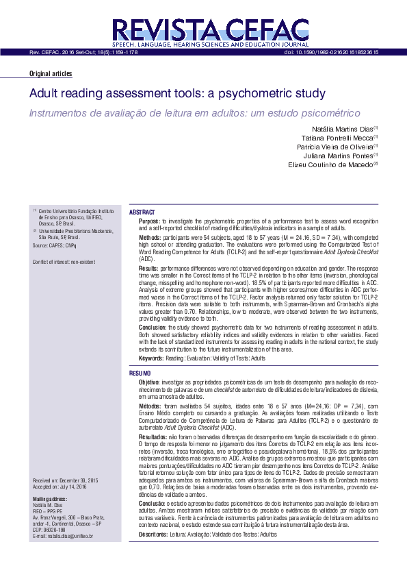 (PDF) Adult reading assessment tools: a psychometric study