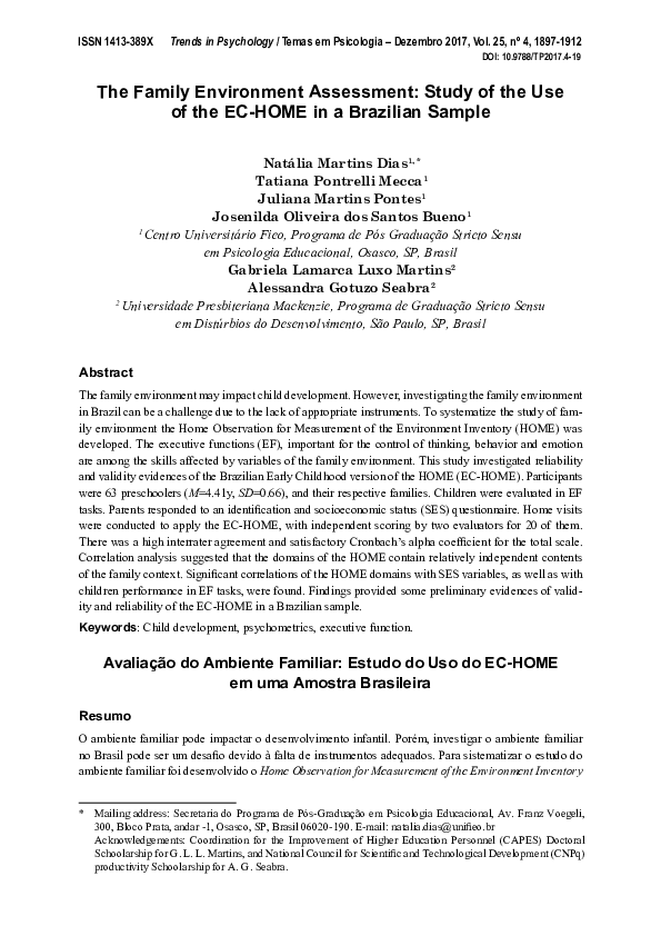 (PDF) The Family Environment Assessment: Study of the Use of the EC-HOME in a Brazilian Sample ...