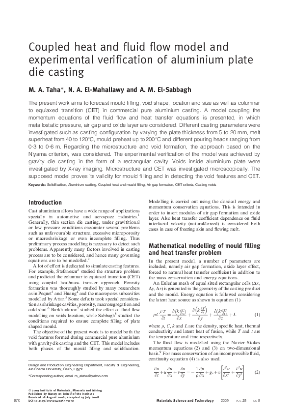 (PDF) Coupled heat and fluid flow model and experimental verification of aluminium plate die casting