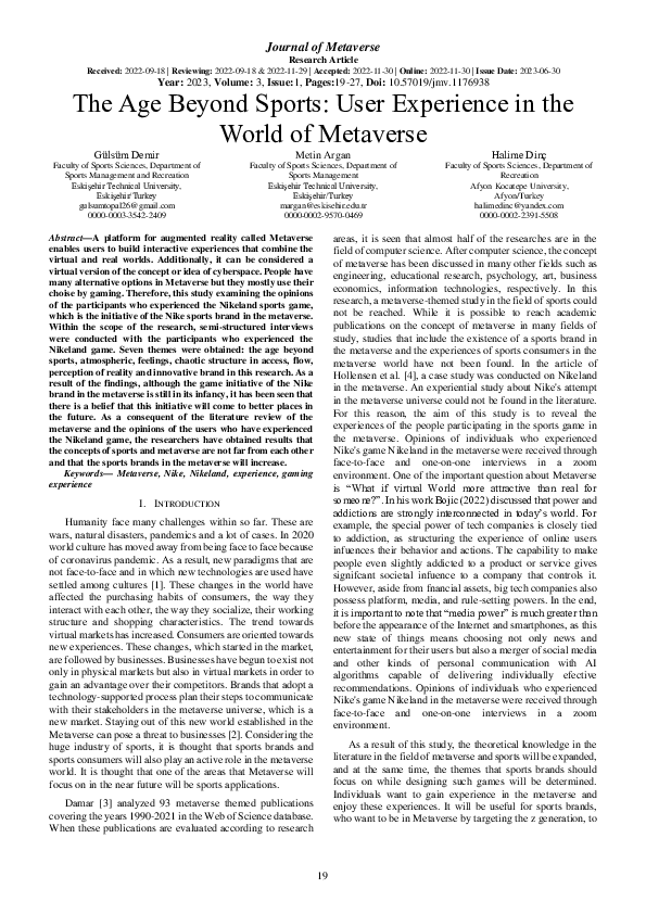 (PDF) The Age Beyond Sports: User Experience in the World of Metaverse