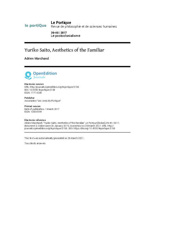 (PDF) Yuriko Saito, Aesthetics of the Familiar