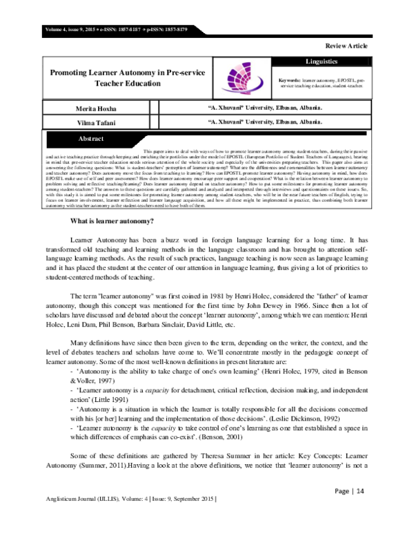 (PDF) Promoting Learner Autonomy in Pre-service Teacher Education