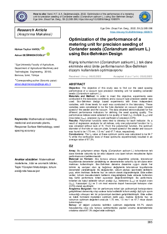 (PDF) Optimization of the performance of a metering unit for precision ...