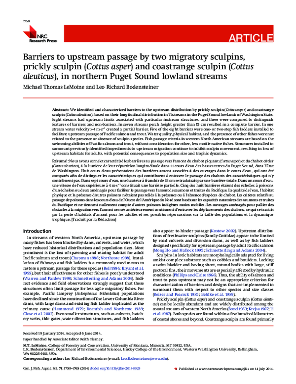 (PDF) Barriers to upstream passage by two migratory sculpins, prickly ...