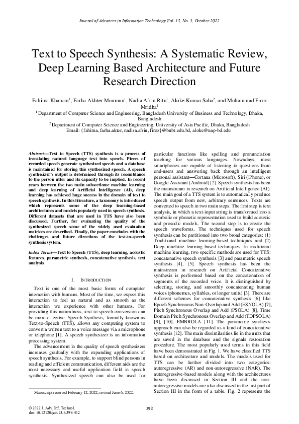 Pdf Text To Speech Synthesis A Systematic Review Deep Learning Based Architecture And Future