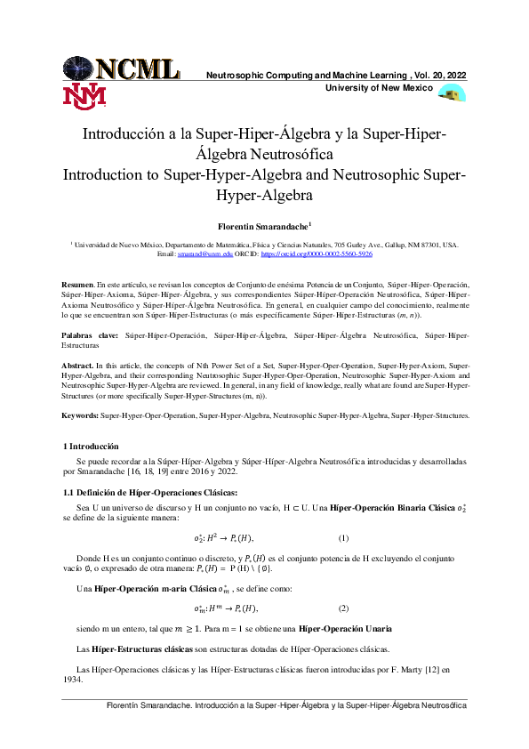 (PDF) Introducción a la Super-Hiper-Álgebra y la Super-HiperÁlgebra Neutrosófica. Introduction ...