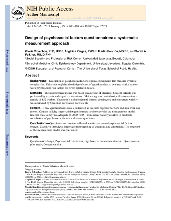 (PDF) Design of psychosocial factors questionnaires: A systematic ...