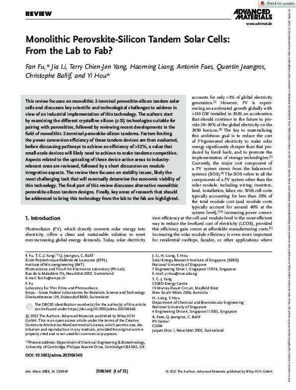 (PDF) Monolithic Perovskite-Silicon Tandem Solar Cells: From the Lab to Fab