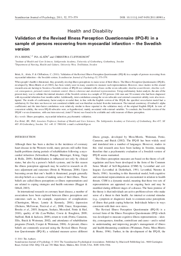 (PDF) Validation of the Revised Illness Perception Questionnaire (IPQ-R) in a sample of persons ...