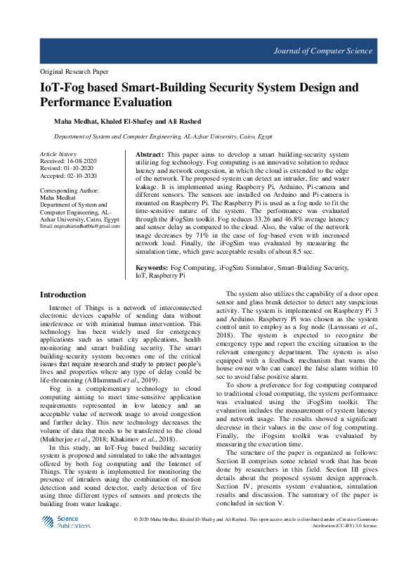 Pdf Iot Fog Based Smart Building Security System Design And