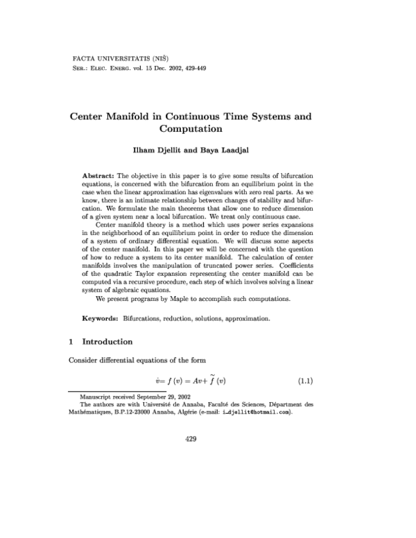 (PDF) Center manifold in continuous time systems and computation