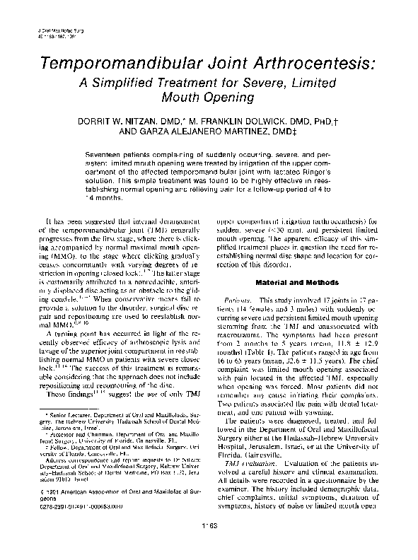 (PDF) Temporomandibular joint arthrocentesis: A simplified treatment ...