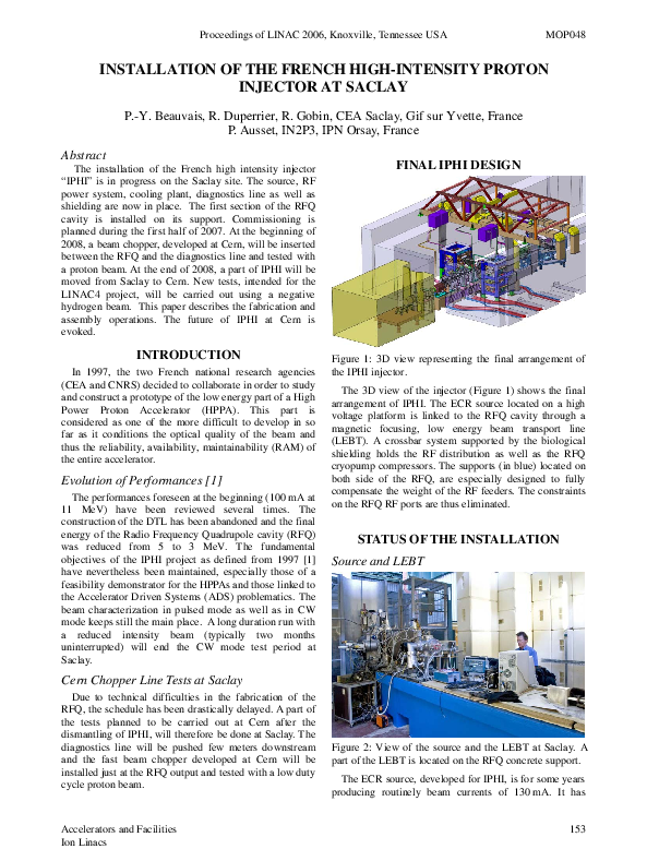 (PDF) Installation of the French High-Intensity Proton Injector at Saclay