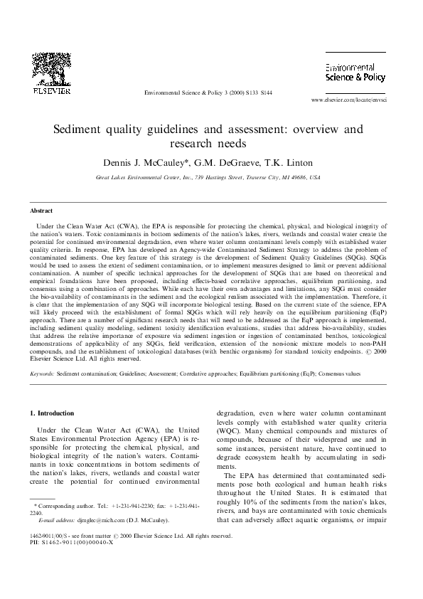 (PDF) Sediment quality guidelines and assessment: overview and research needs