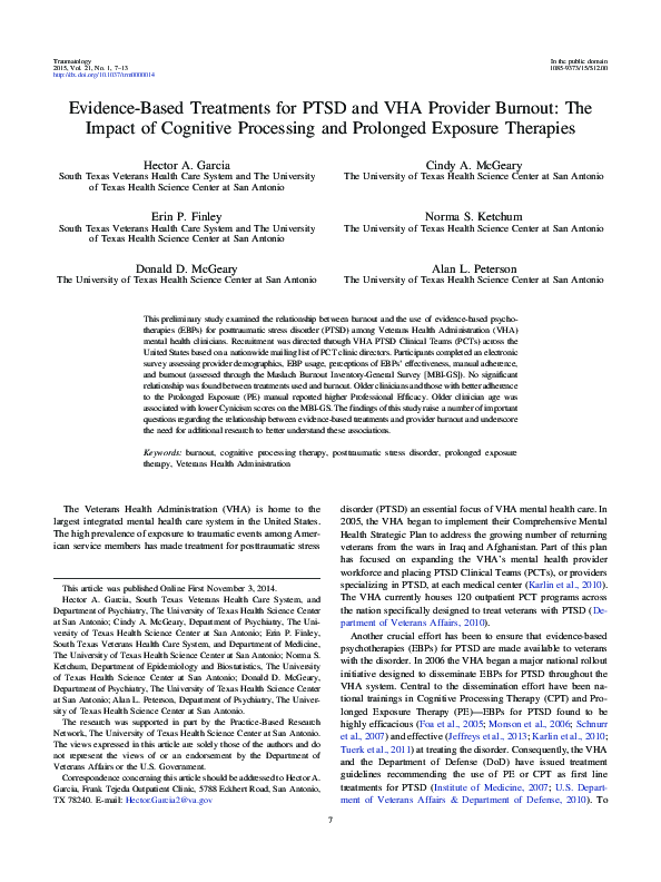 Evidence-based treatments for PTSD and VHA provider burnout: The impact ...