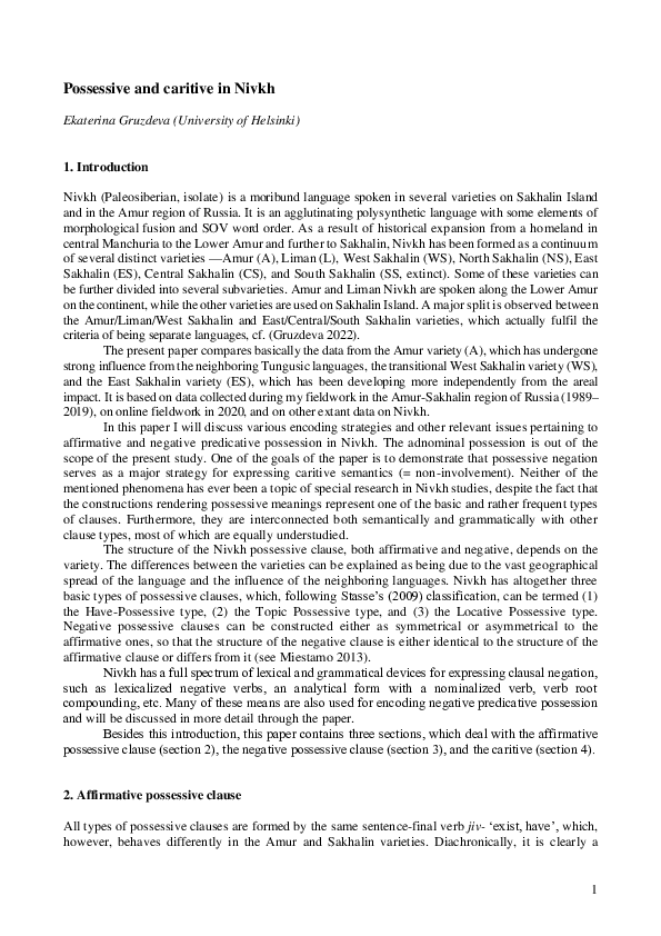 (PDF) Possessive negation and expression of caritive semantics in Nivkh