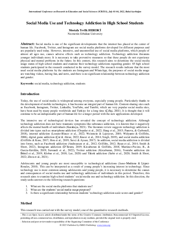 (PDF) Social Media Use and Technology Addiction in High School Students