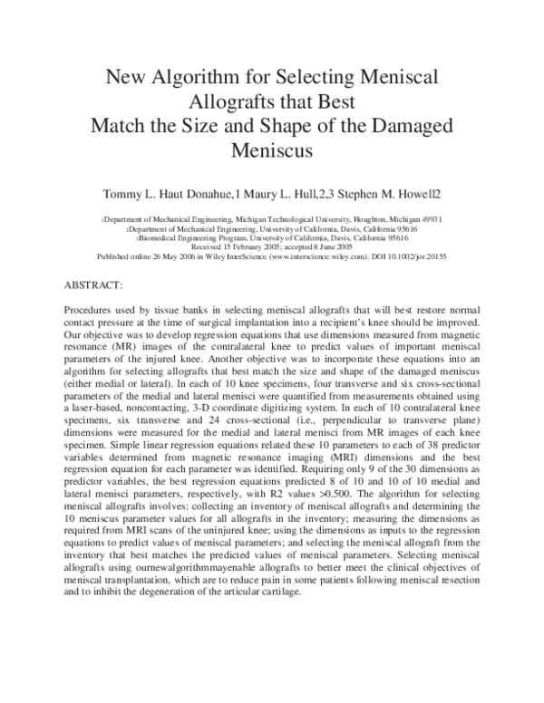 (PDF) New algorithm for selecting meniscal allografts that best match the size and shape of the ...