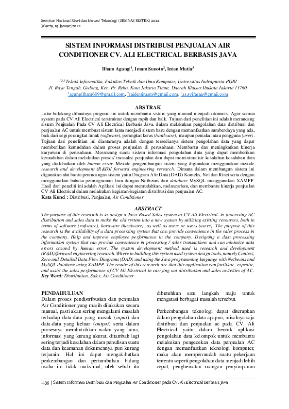 (PDF) Sistem Informasi Distribusi Penjualan Air Conditioner CV. Ali Electrical Berbasis Java