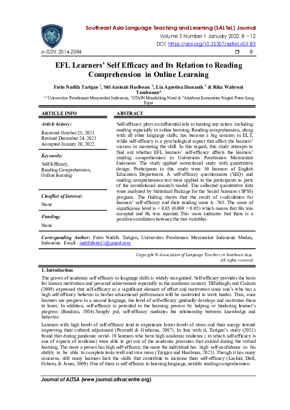(PDF) EFL Learners’ Self Efficacy and Its Relation to Reading Comprehension in Online Learning