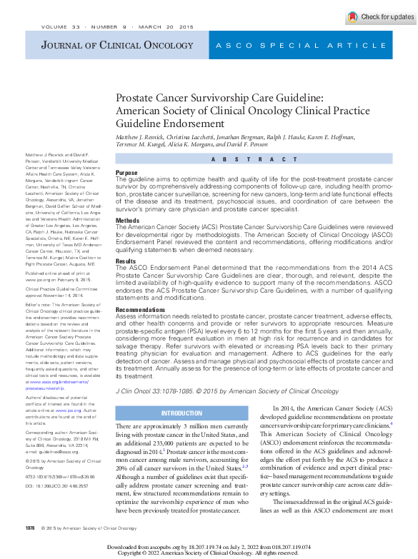 (PDF) Prostate Cancer Survivorship Care Guideline: American Society of Clinical Oncology ...