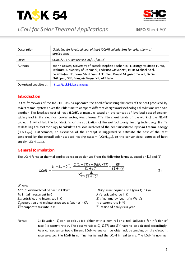 (PDF) INFO Sheet A01: LCOH for Solar Thermal Applications - Guideline ...
