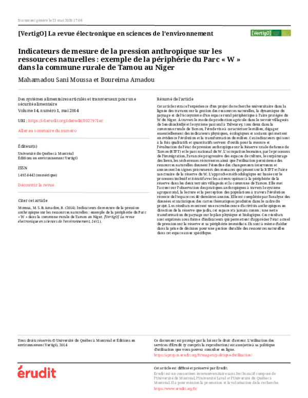 (PDF) Indicateurs de mesure de la pression anthropique sur les ...
