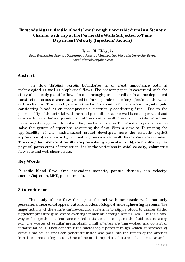 (PDF) Unsteady MHD Pulsatile Blood Flow through Porous Medium in Stenotic Channel with Slip at ...
