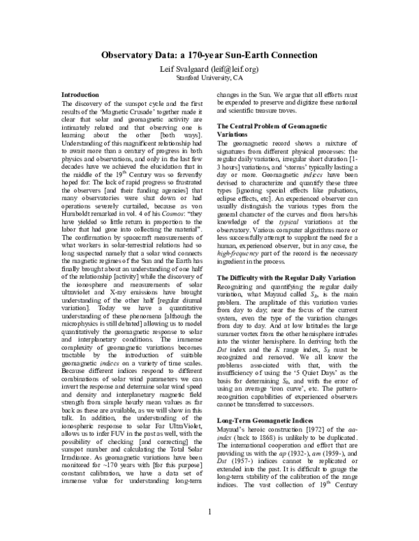 (PDF) Observatory data: A 170‐year Sun‐Earth connection