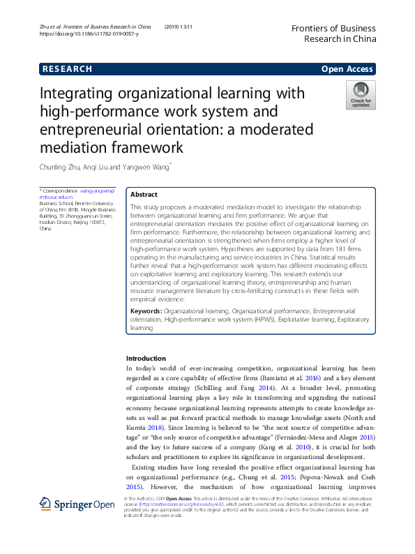 (PDF) Integrating organizational learning with high-performance work system and entrepreneurial ...