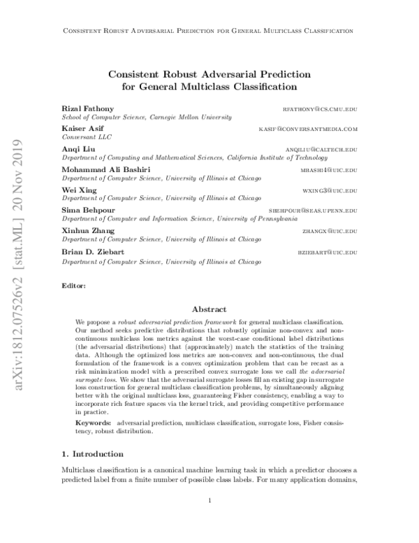 Pdf Consistent Robust Adversarial Prediction For General Multiclass Classification