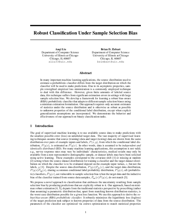 (PDF) Robust classification under sample selection bias